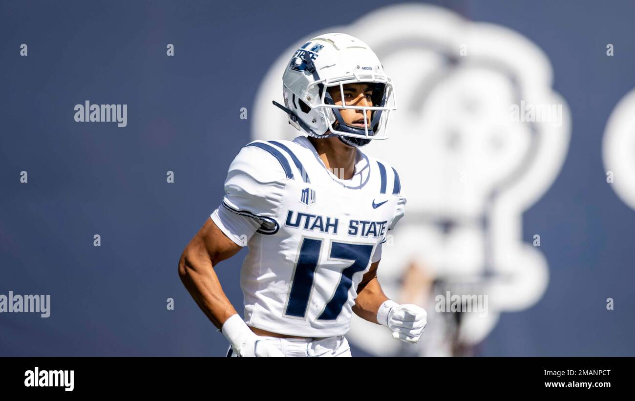 Utah State Aggies safety Luke Marion (17) runs during an NCAA football ...