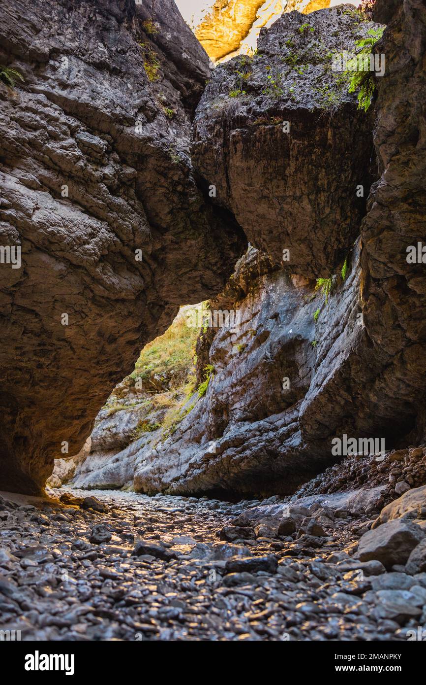 Canyon in the mountain gorge and mountain river. Saltinsky waterfall ...