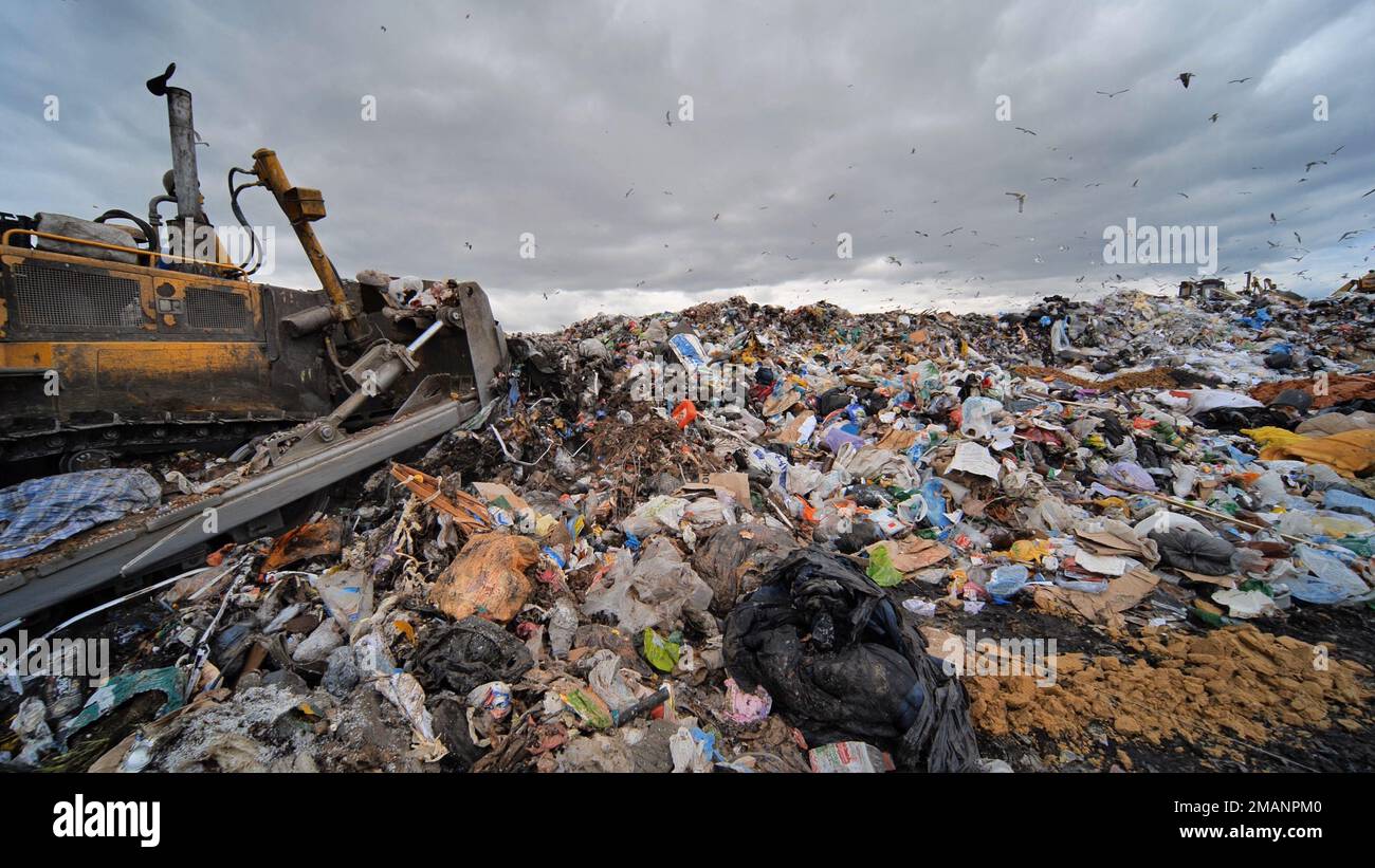 Work of a bulldozer at a landfill Stock Photo - Alamy