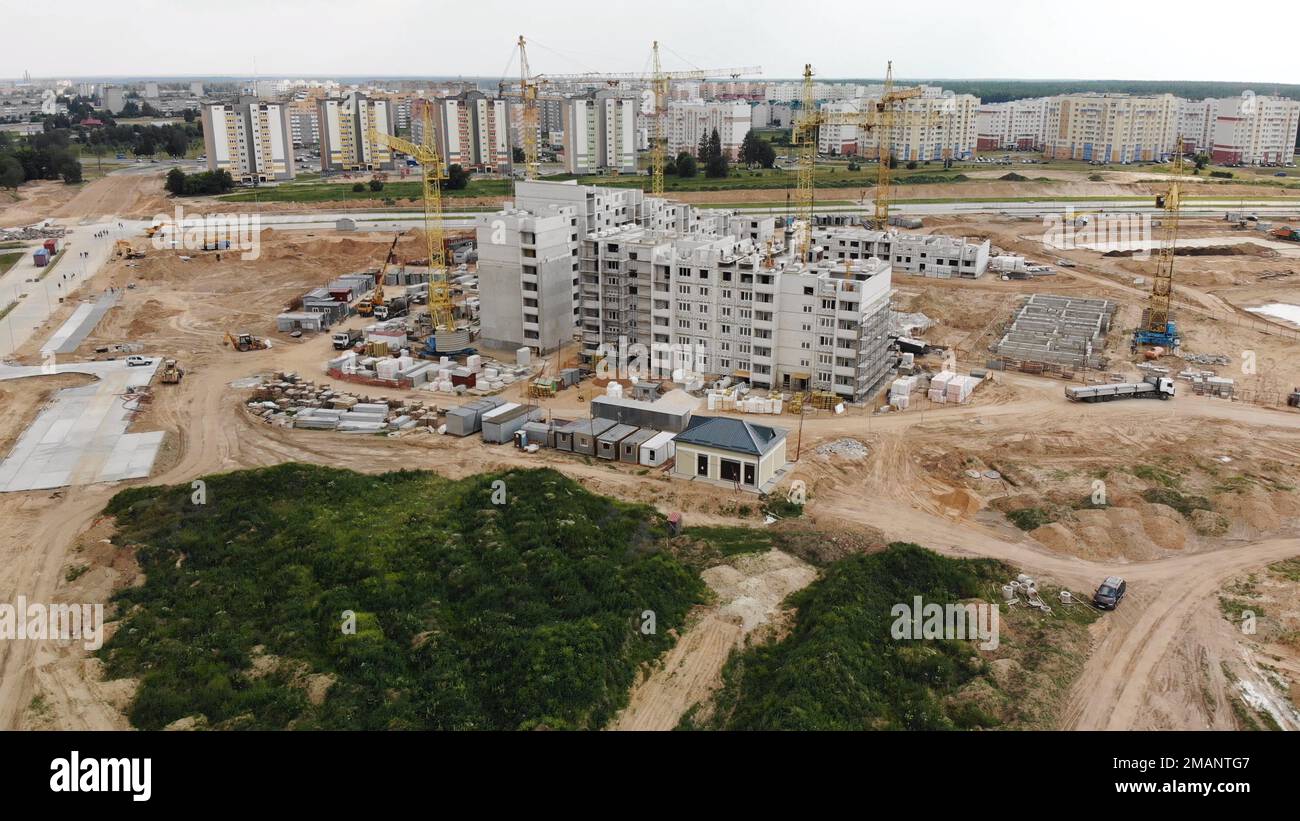 Construction of apartment buildings in Belarus. Drone view Stock Photo ...