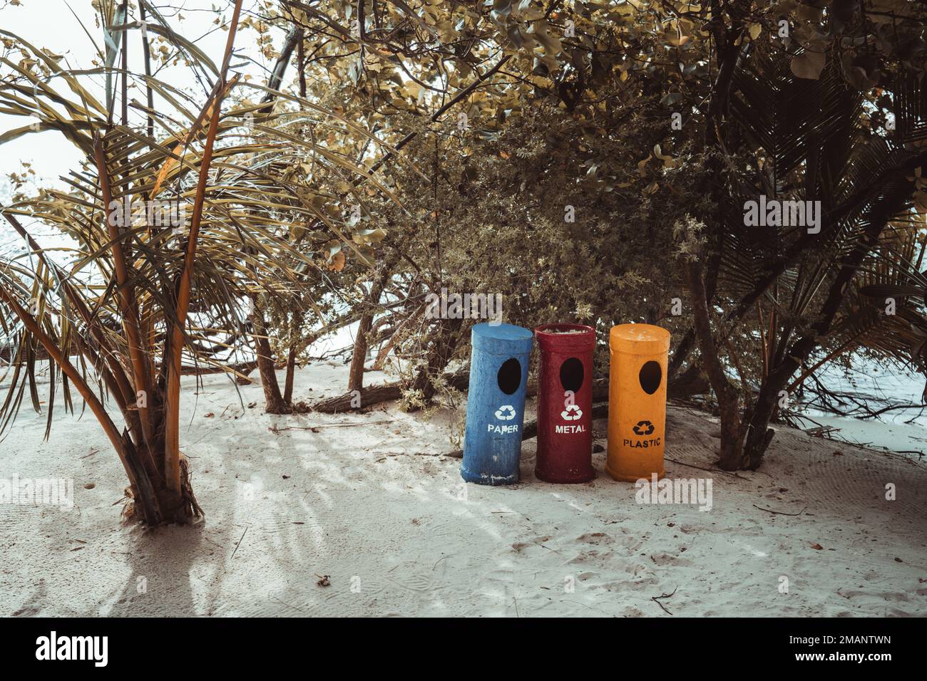 A view of three cylindrical recycling eco points, plastic in yellow ...