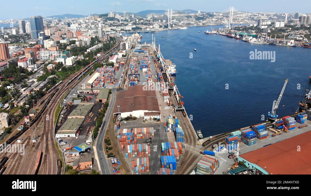 Top view. Commercial Sea Port. Industrial port with containers Stock ...