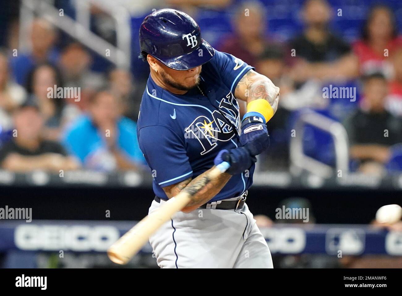 Tampa Bay Rays' Harold Ramirez hits a single against the Miami Marlins ...