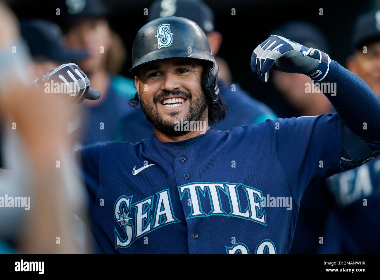 Seattle Mariners' Eugenio Suarez celebrates his two-run home run ...