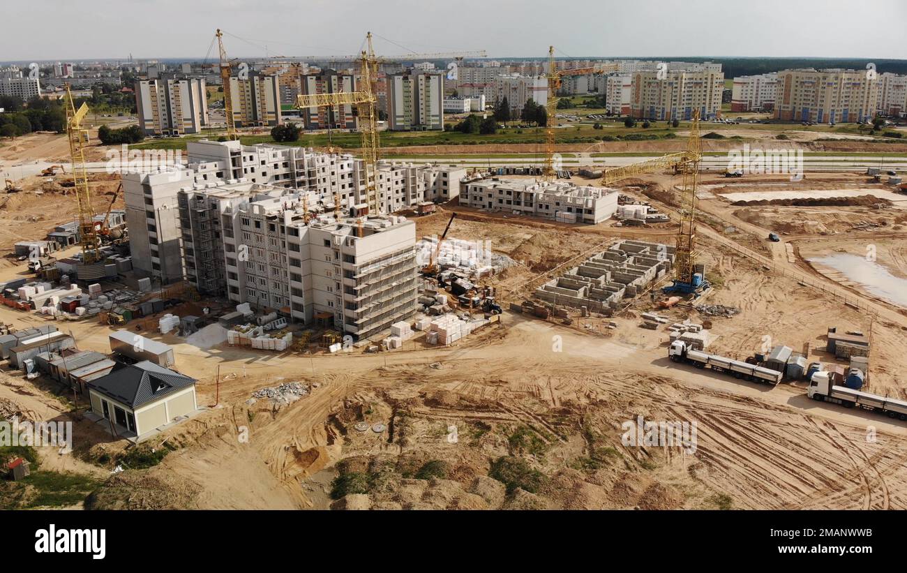 Construction of apartment buildings in Belarus. Drone view Stock Photo ...