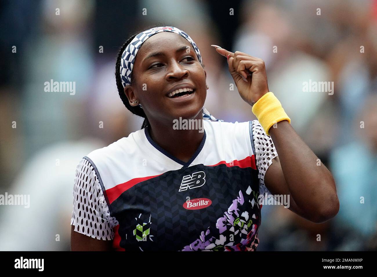 Coco Gauff, of the United States, reacts after defeating Elena Gabriel ...