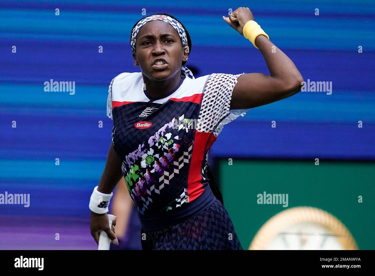 Coco Gauff, of the United States, reacts during a match against Elena ...