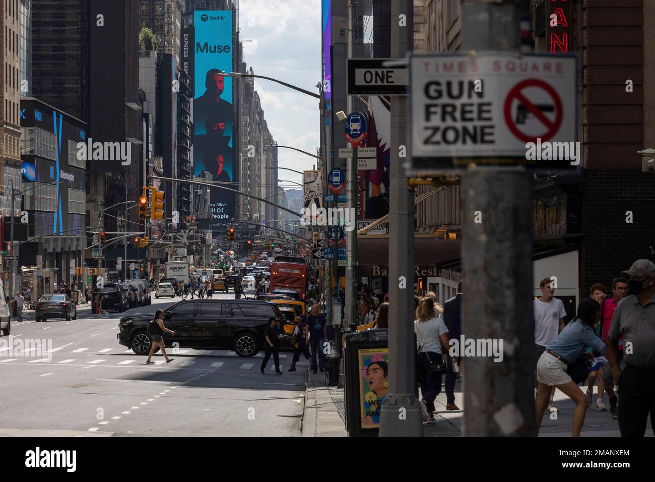 A sign reading Gun Free Zone is seen around Times Square, Wednesday ...