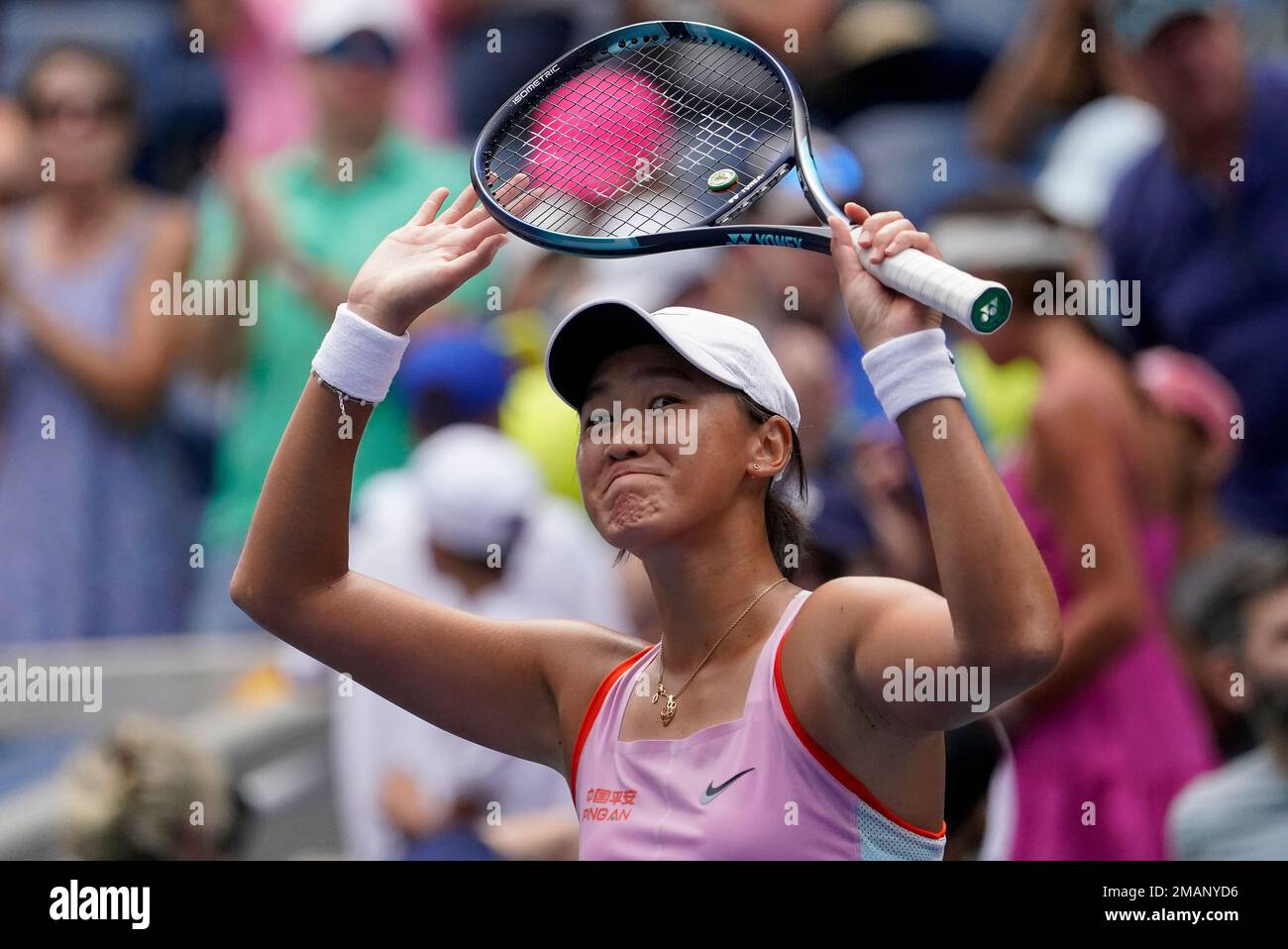 Wang Xiyu, of China, reacts after beating Maria Sakkari, of Greece ...