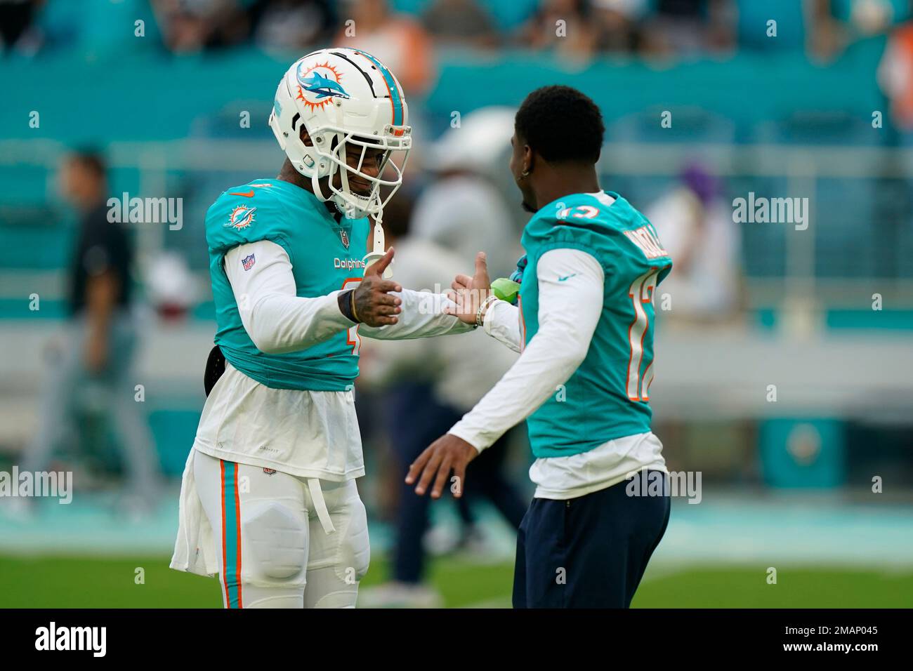 Miami Dolphins wide receivers Lynn Bowden Jr., left, and Jaylen Waddle ...