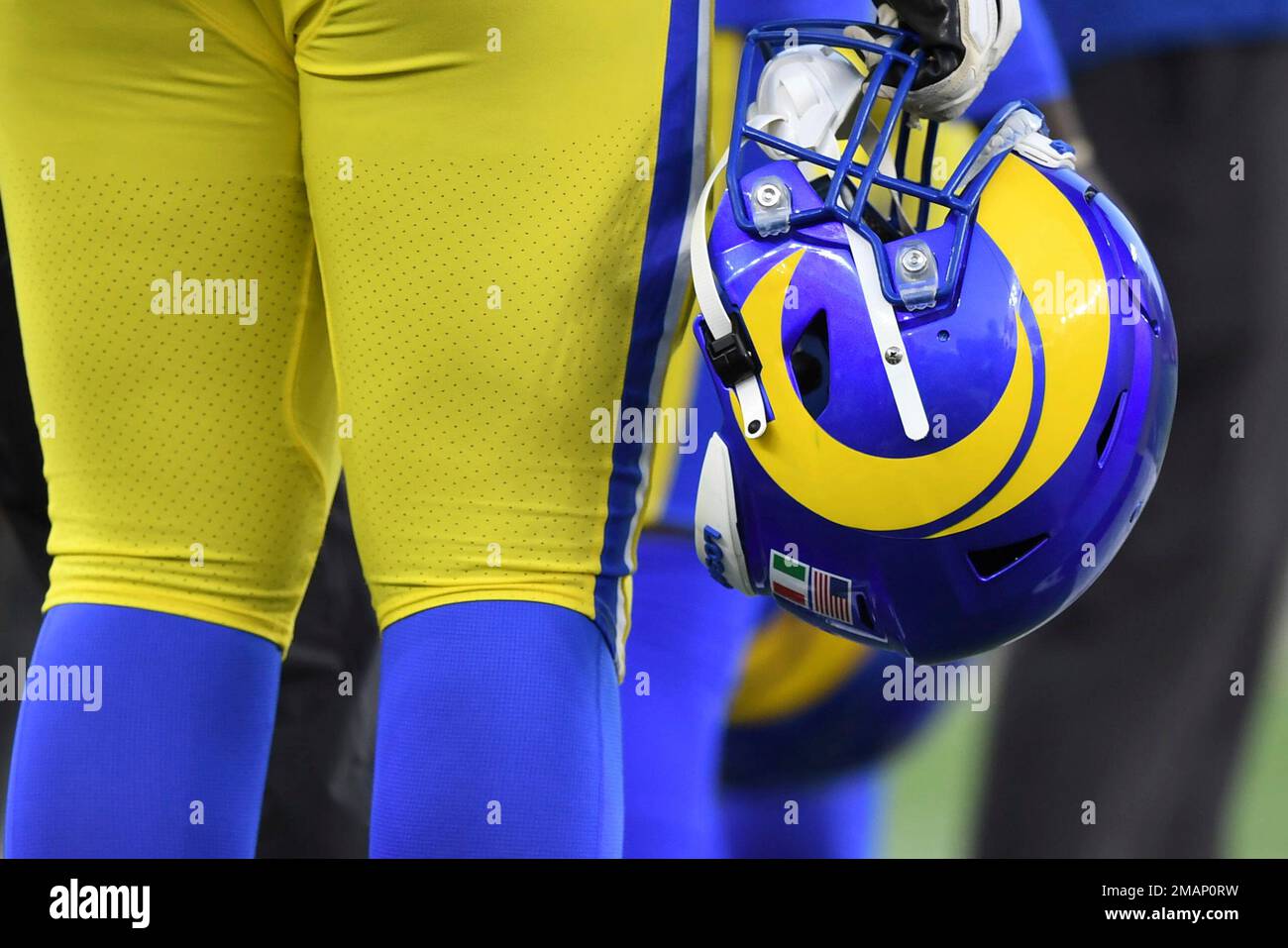 A view of the decal on the helmet of Los Angeles Rams offensive tackle ...