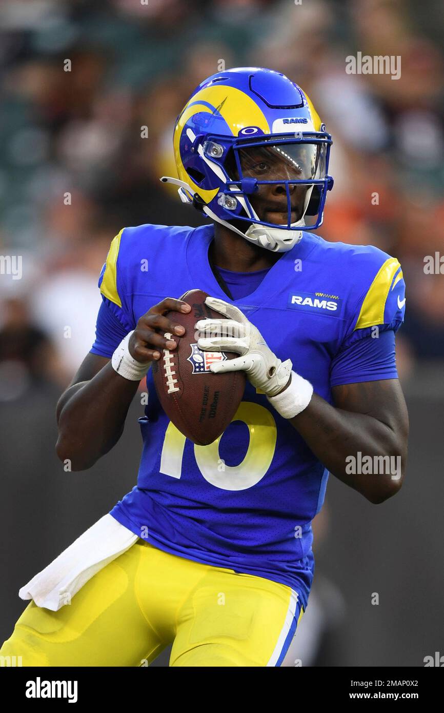 Los Angeles Rams quarterback Bryce Perkins (16) drops back to pass ...