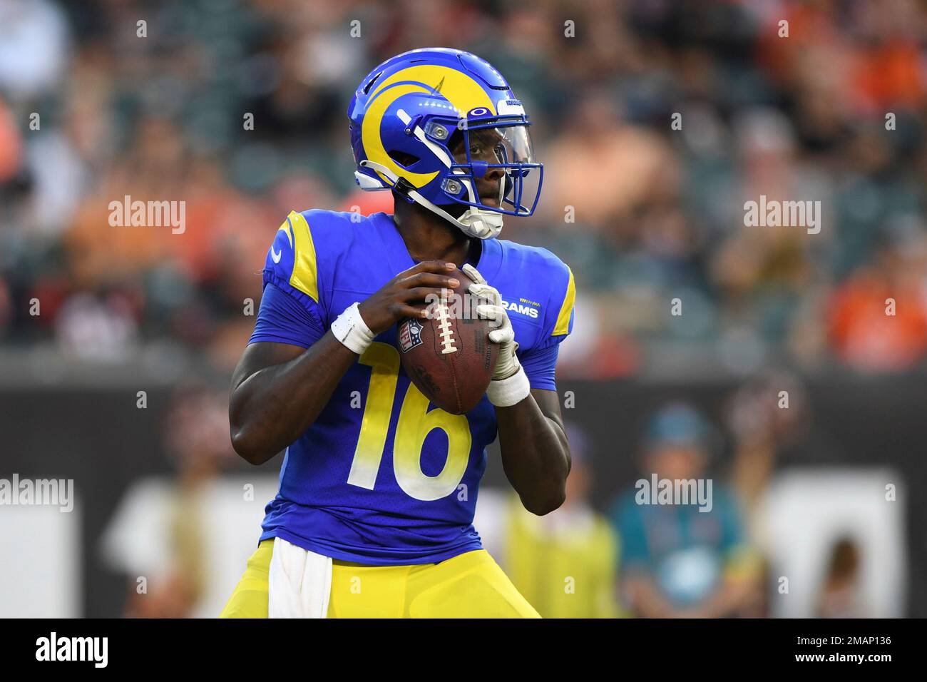 Los Angeles Rams quarterback Bryce Perkins (16) drops back to pass ...