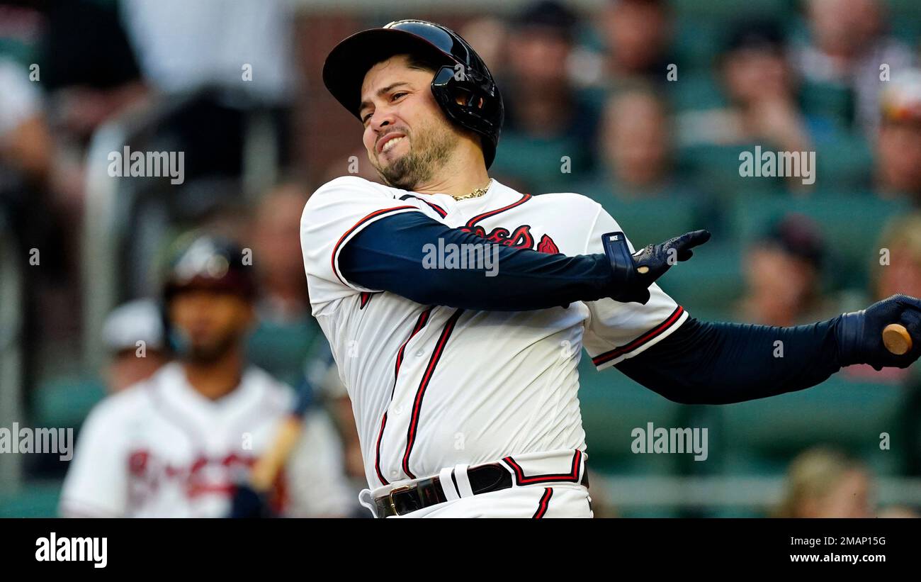Atlanta Braves catcher Travis d'Arnaud (16) bats against the Colorado ...