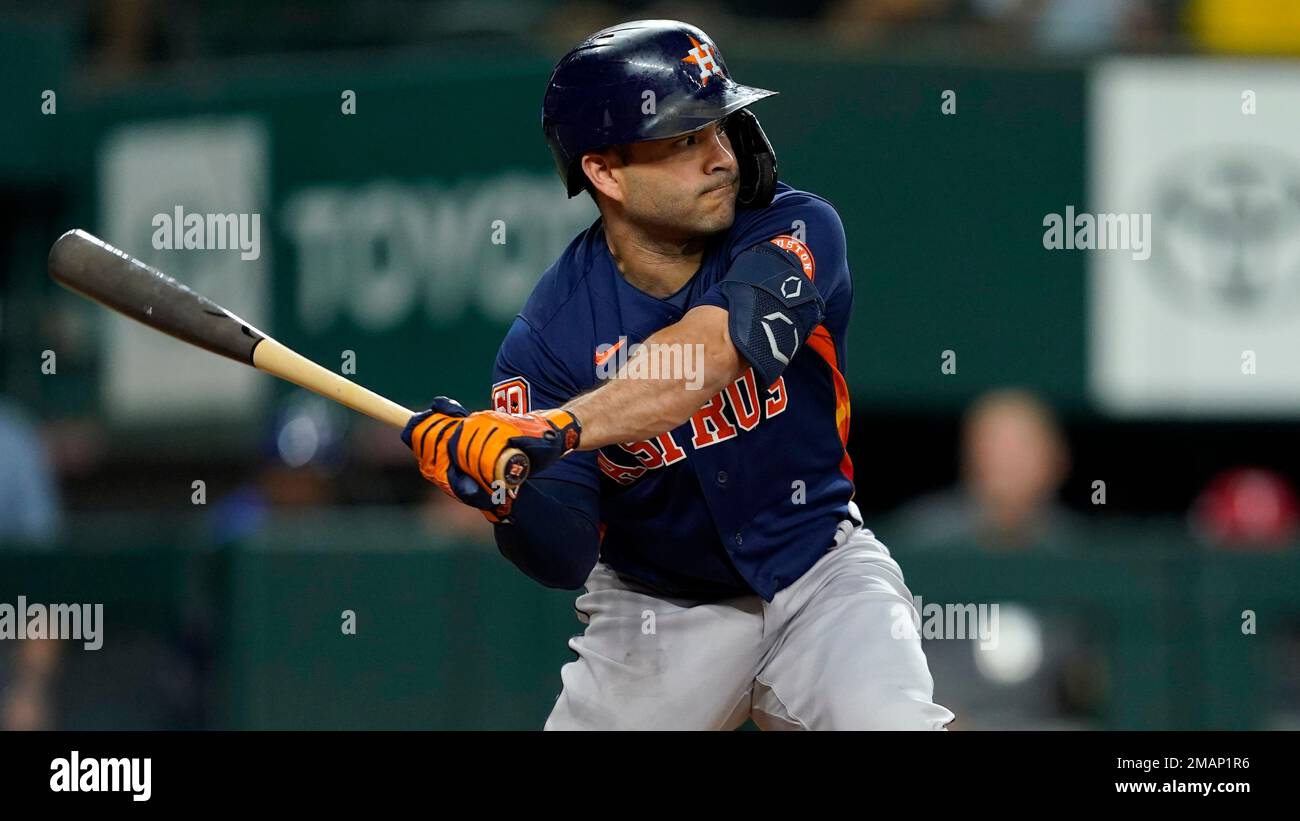 Houston Astros' Jose Altuve waits on a pitch during a baseball game ...