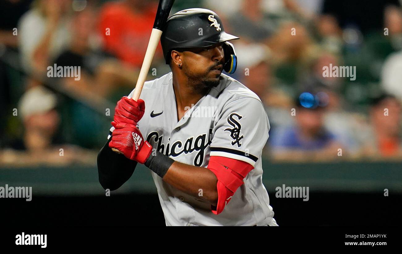Chicago White Sox's Eloy Jimenez waits for a pitch from the Baltimore ...