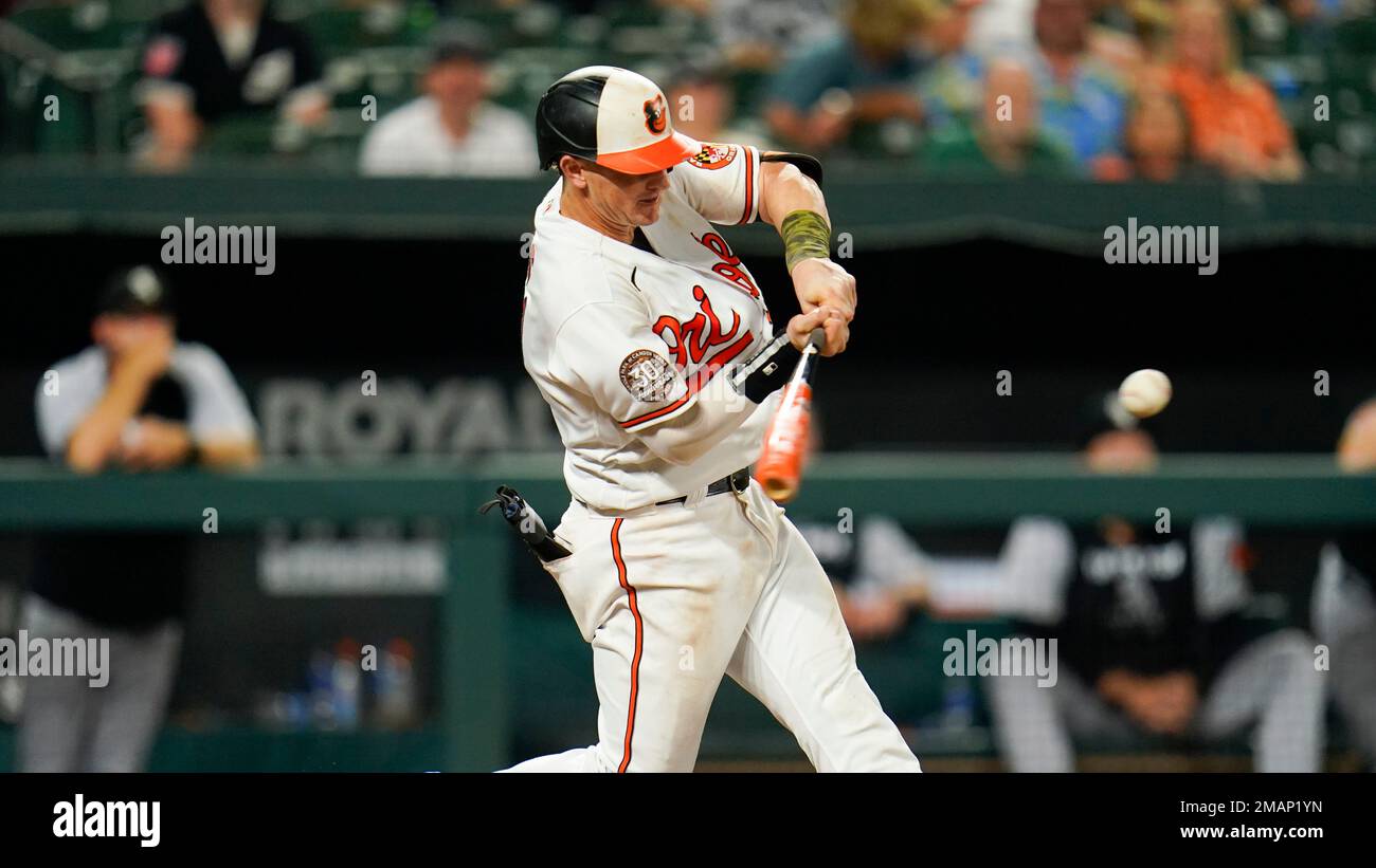 Baltimore Orioles' Austin Hays hits a two-run home run during the ninth ...