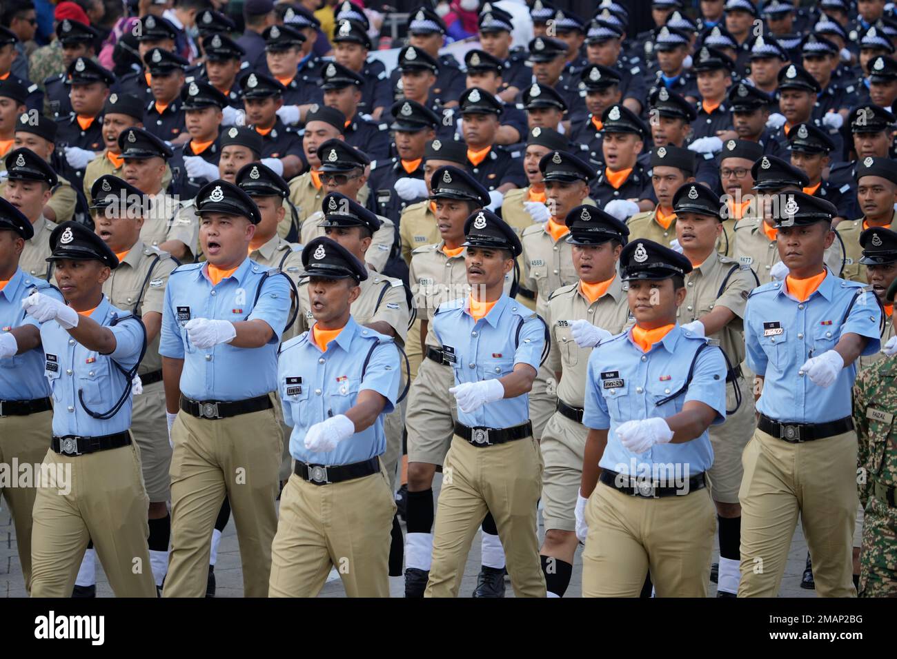 Royal Malaysia Police march during the 65th National Day celebrations ...