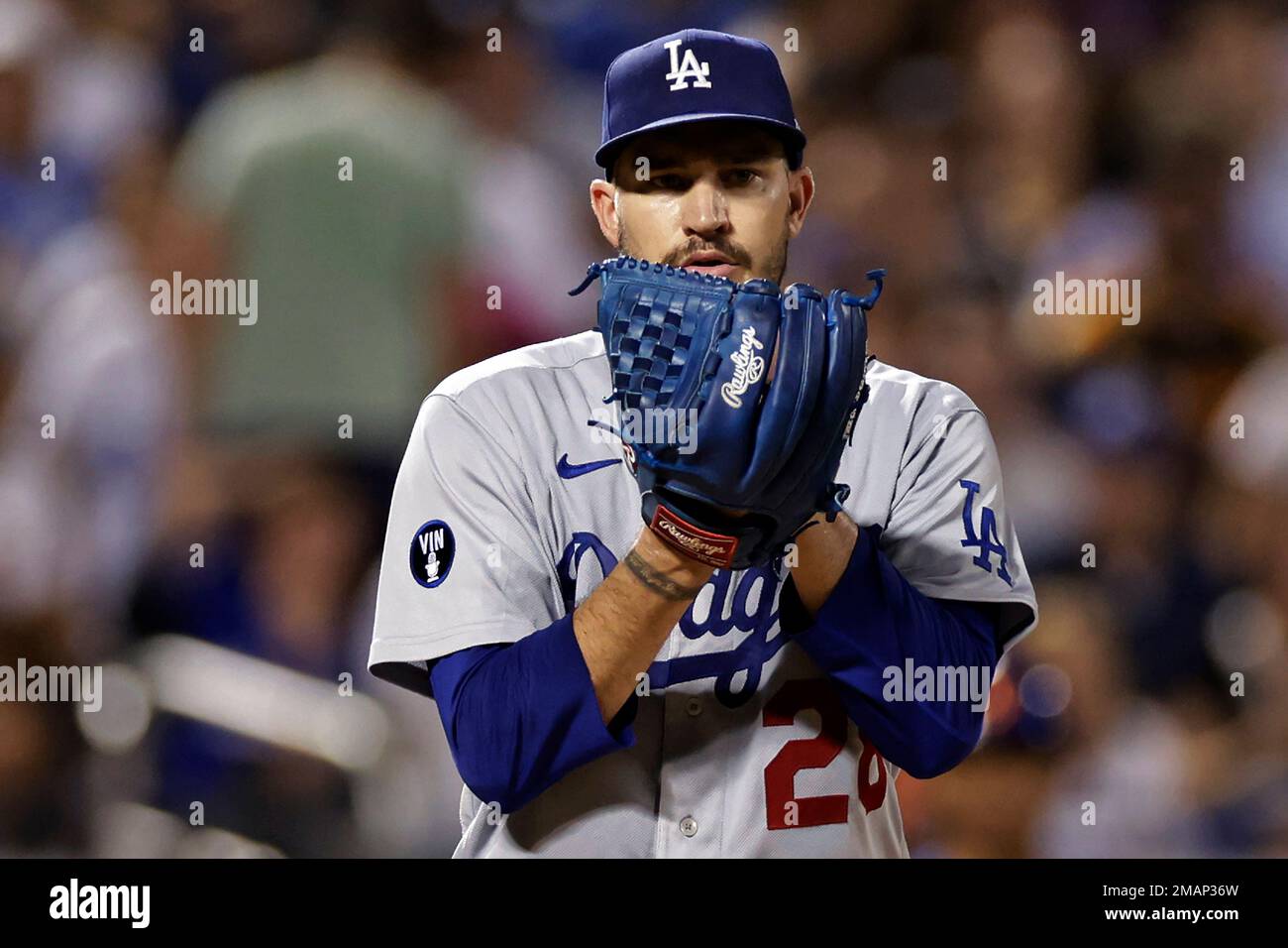 Los Angeles Dodgers' Andrew Heaney gets ready to pitch during the fifth ...