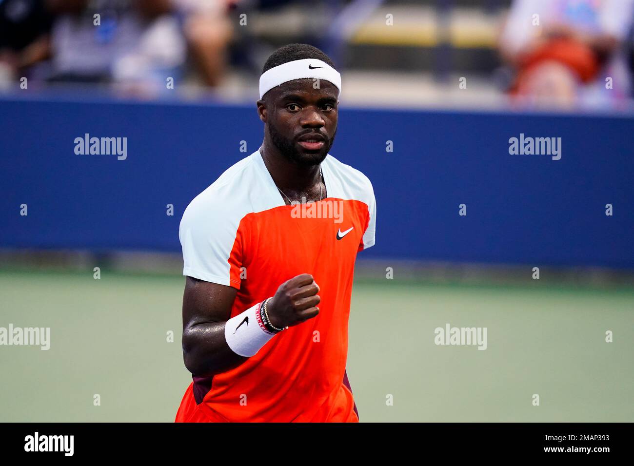 Frances Tiafoe, of the United States, reacts during a match with Marcos ...