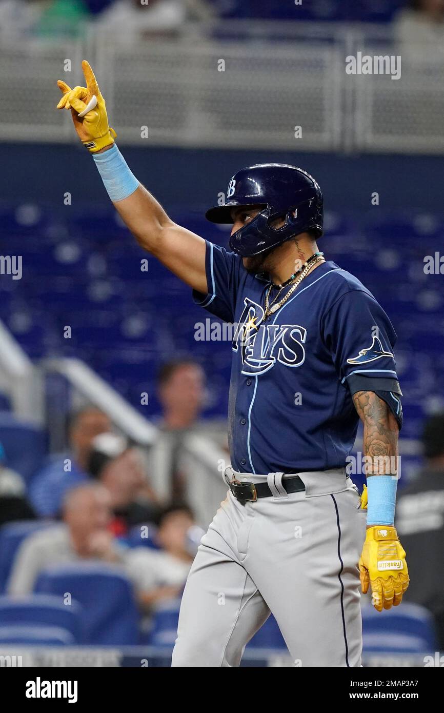 Tampa Bay Rays'Jose Siri (22) gestures after hitting a home run in the ...