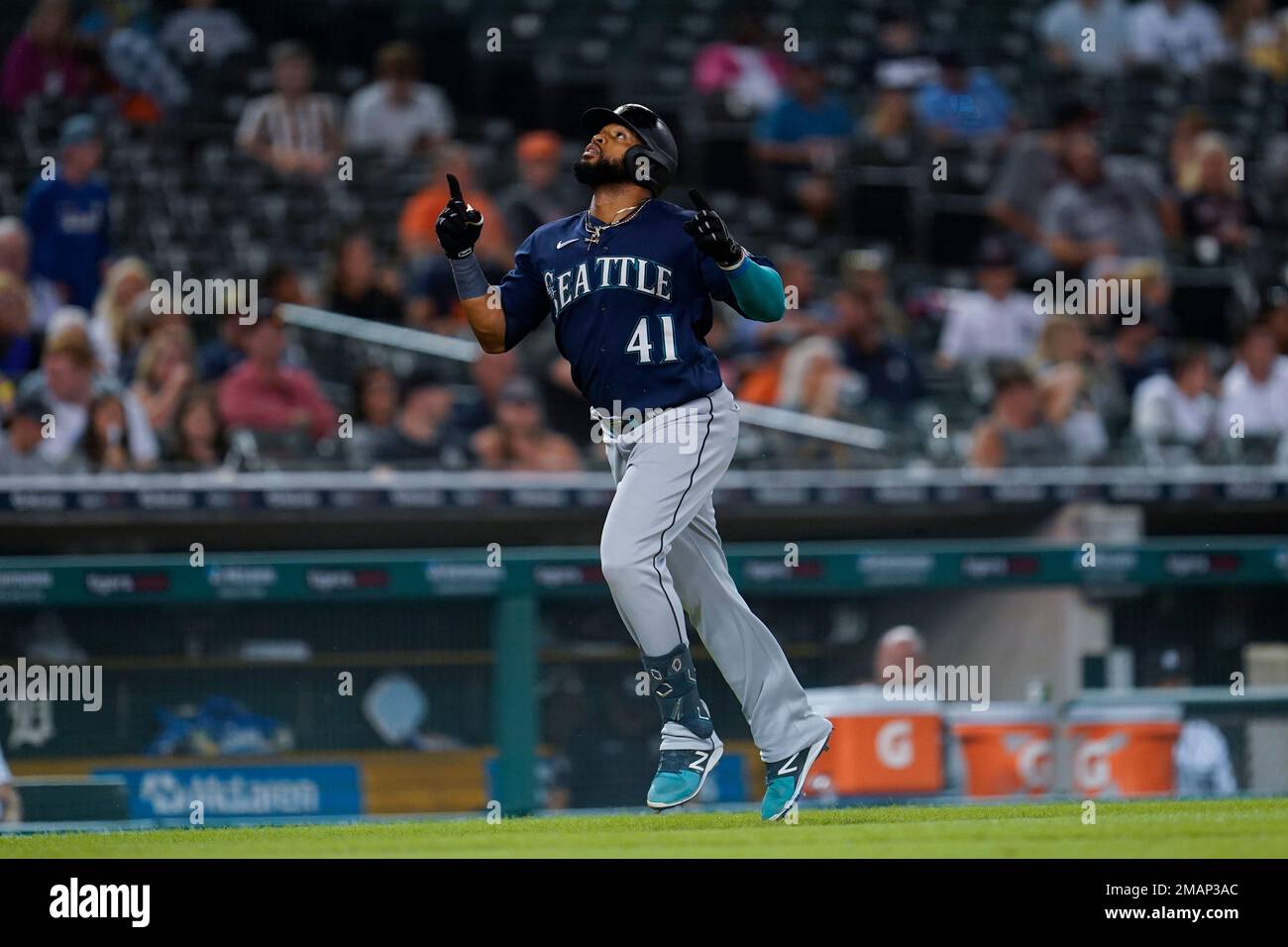 Seattle Mariners' Carlos Santana celebrates his two-run home run ...