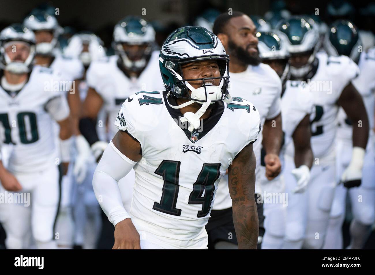 Philadelphia Eagles running back Kenneth Gainwell (14) runs onto the ...