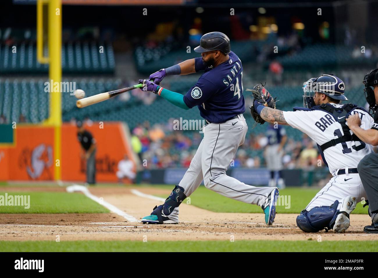 Seattle Mariners' Carlos Santana (41) bats against the Detroit Tigers ...