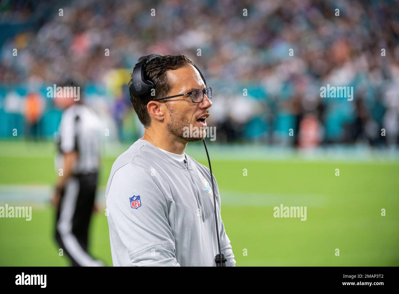 Miami Dolphins head coach Mike McDaniel watches from the sidelines during an NFL football game ...