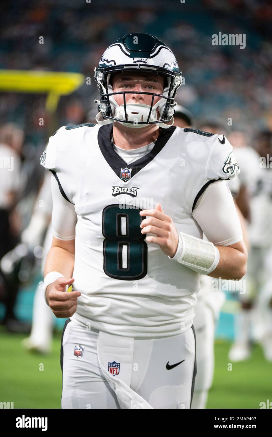 Philadelphia Eagles quarterback Carson Strong (8) jogs off of the field ...