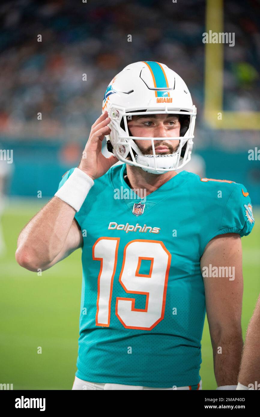 Miami Dolphins quarterback Skylar Thompson (19) stands on the sidelines ...