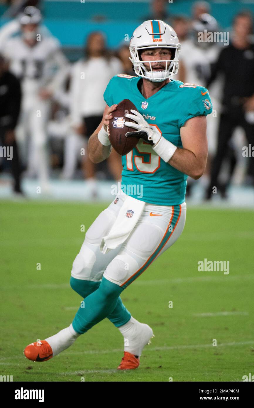 Miami Dolphins quarterback Skylar Thompson (19) looks to throw the ball ...