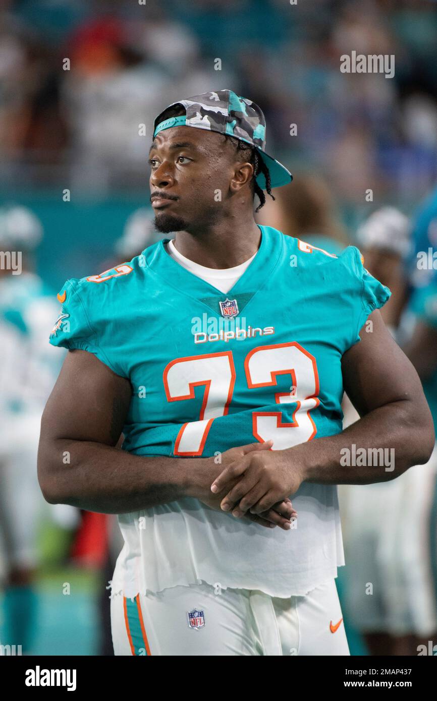 Miami Dolphins offensive lineman Austin Jackson (73) stands on the ...