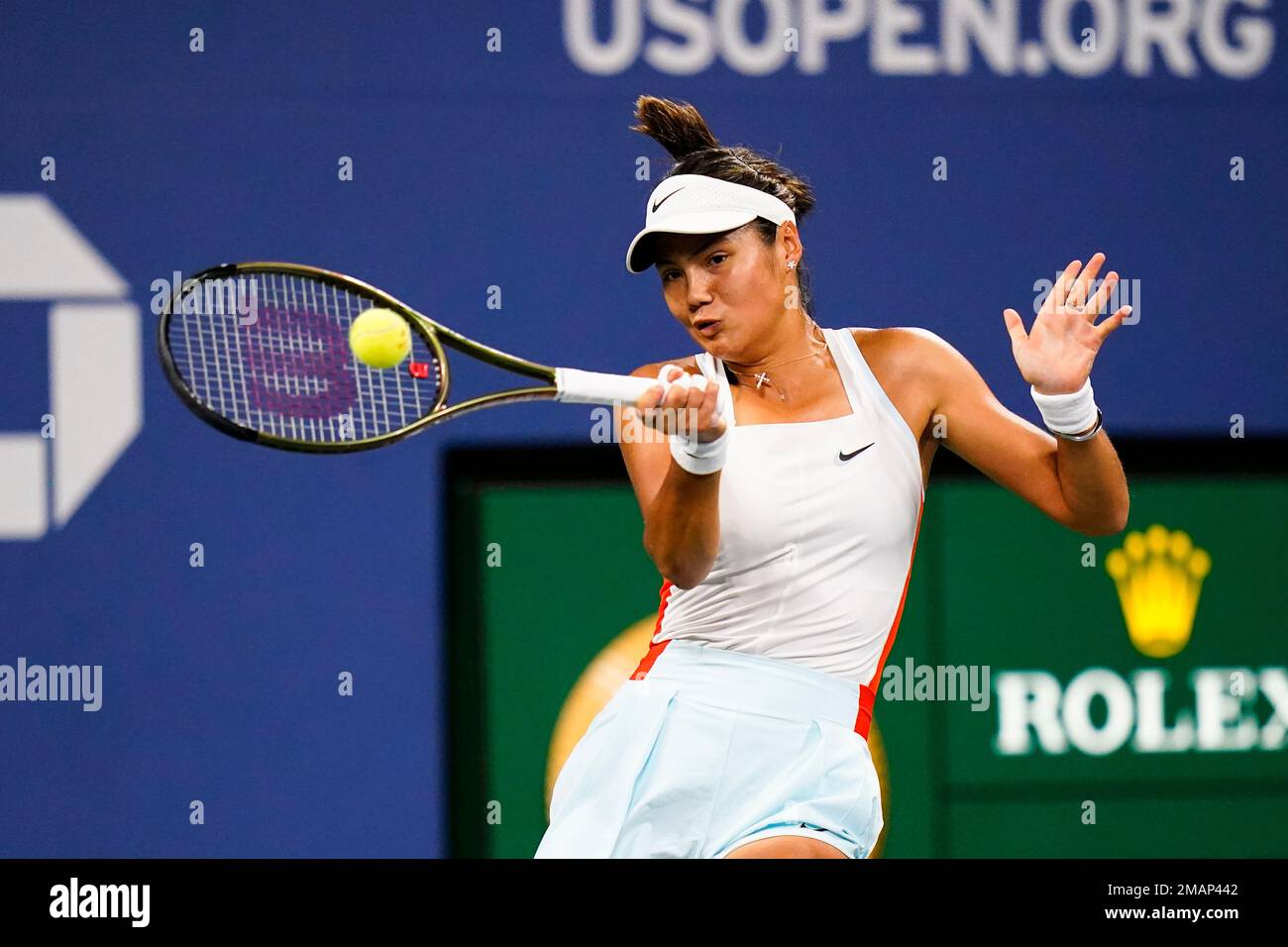 Emma Raducanu Of Britain Returns A Shot To Alize Cornet Of France