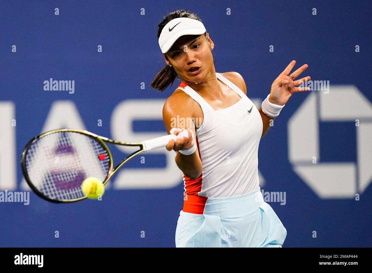 Emma Raducanu Of Britain Returns A Shot To Alize Cornet Of France