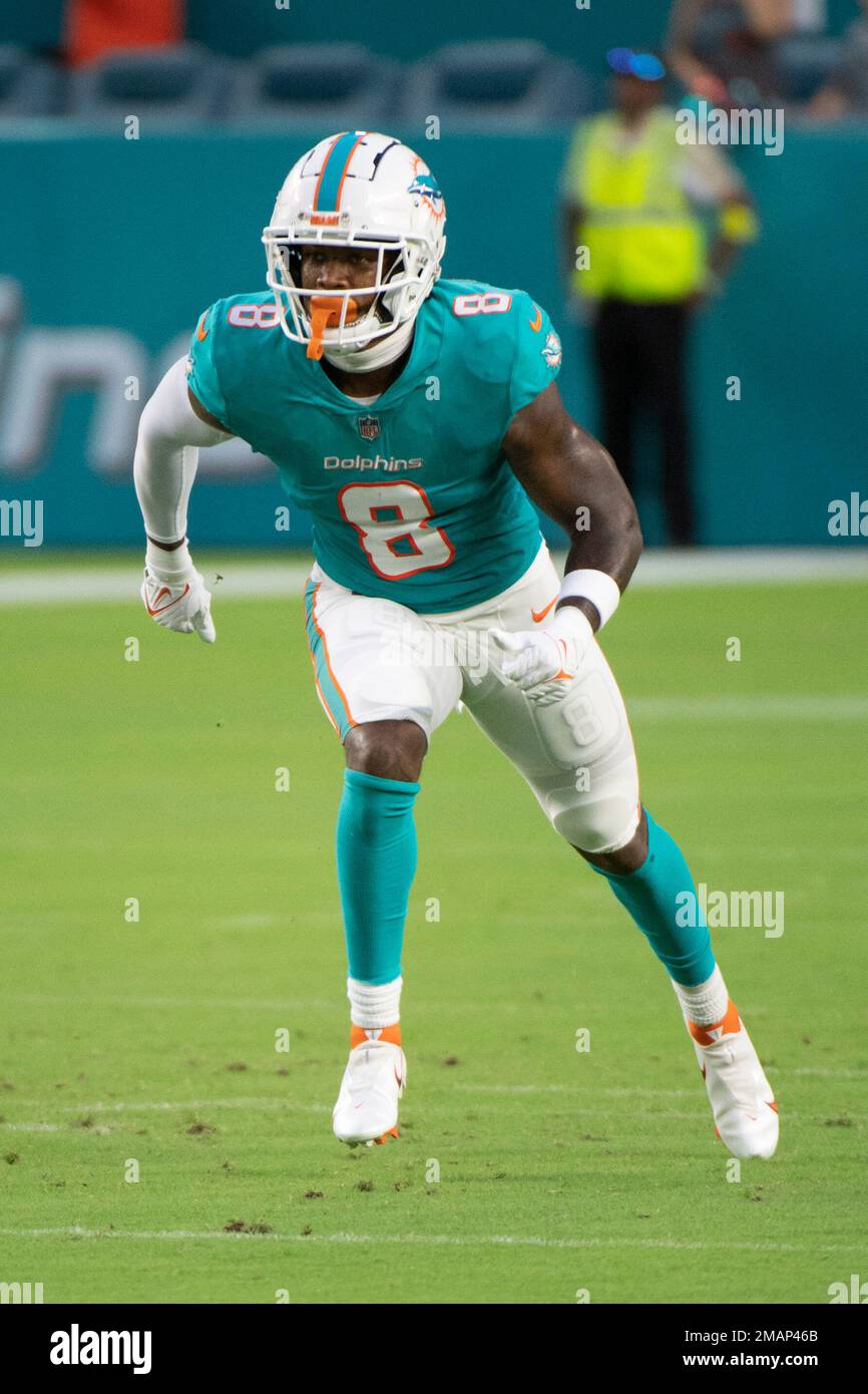 Miami Dolphins safety Jevon Holland (8) runs a play during an NFL ...