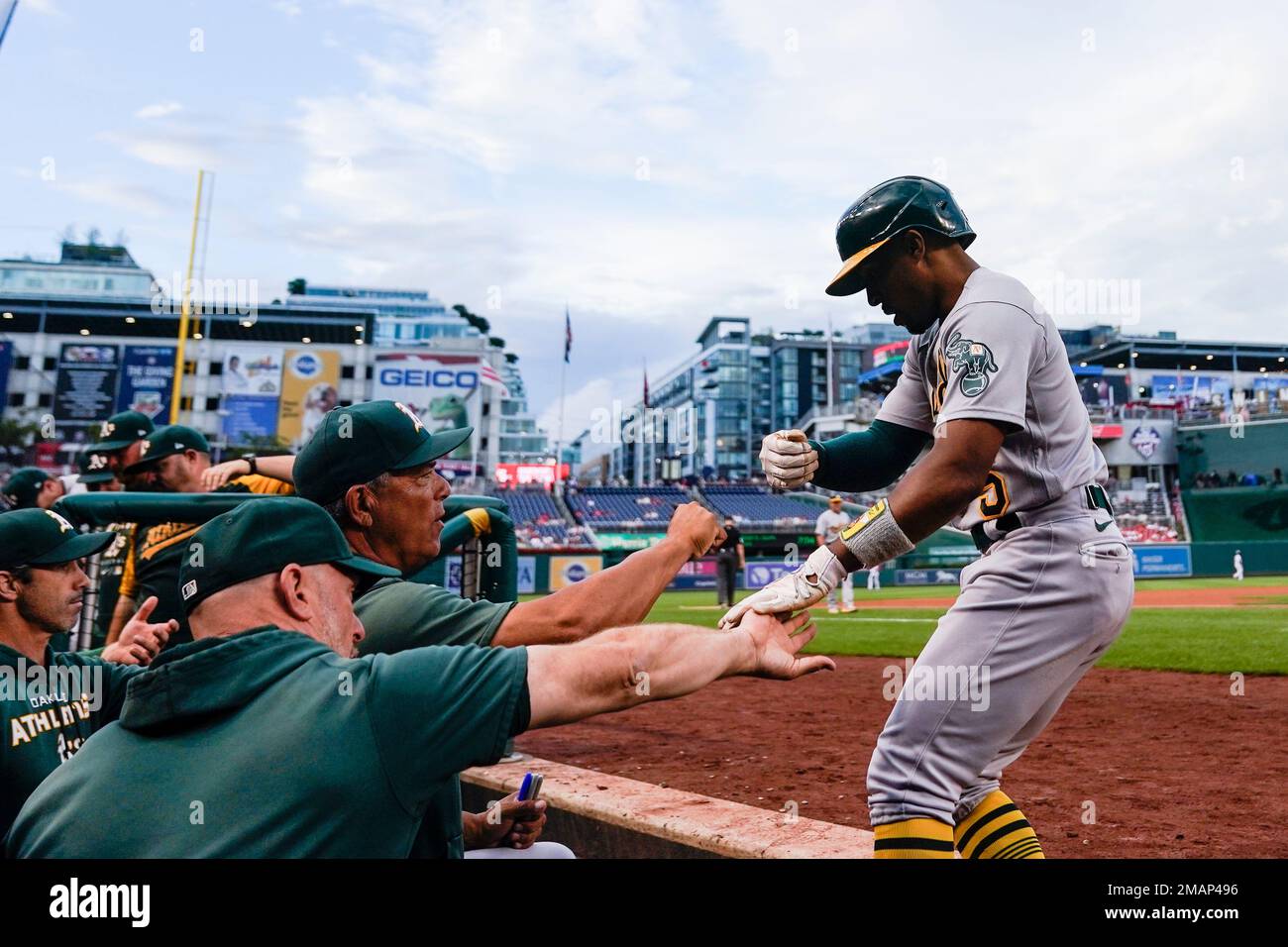 Oakland Athletics' Tony Kemp returns to the dugout after scoring during ...