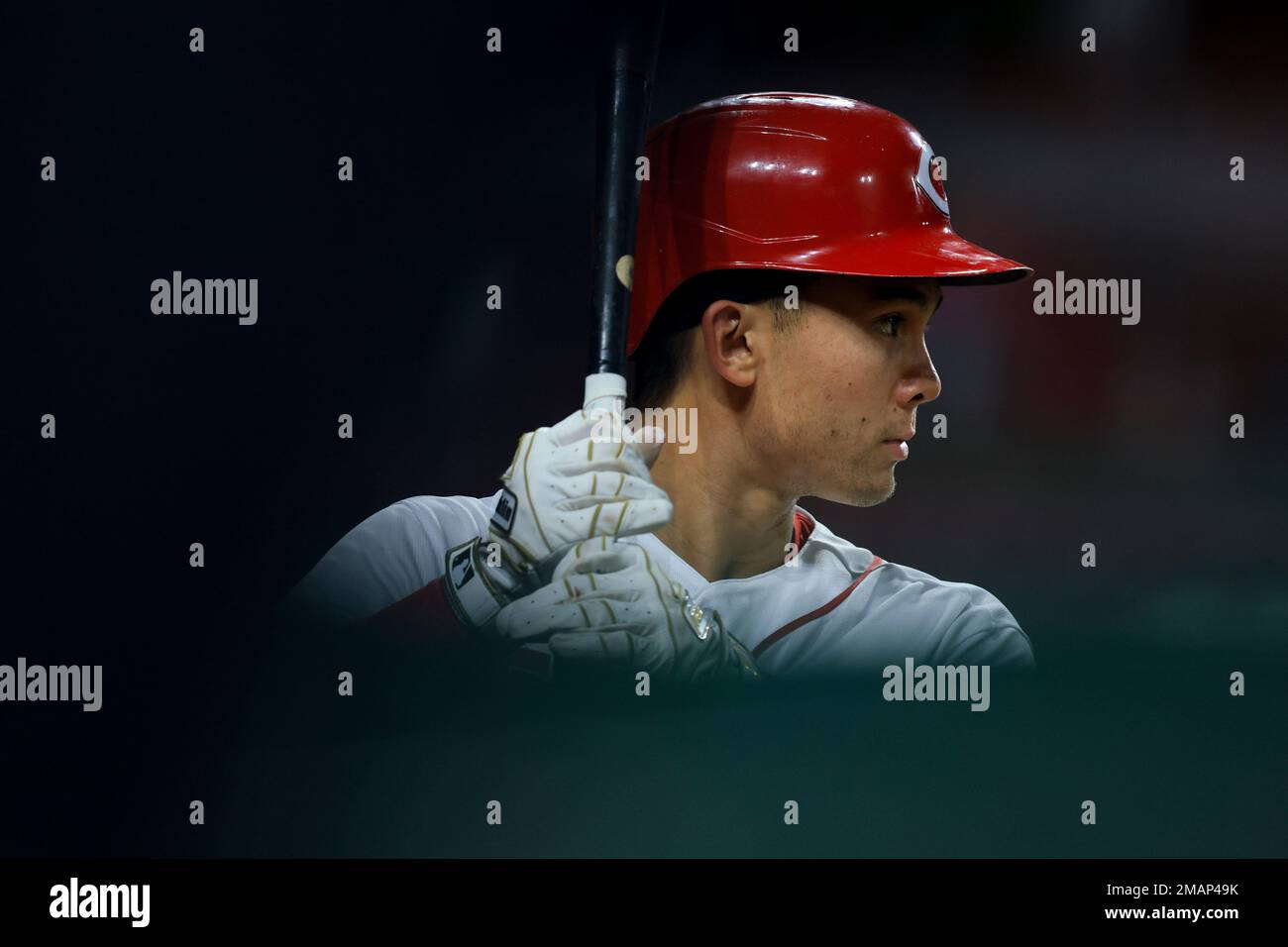 Cincinnati Reds' Stuart Fairchild waits on deck to bat during a ...