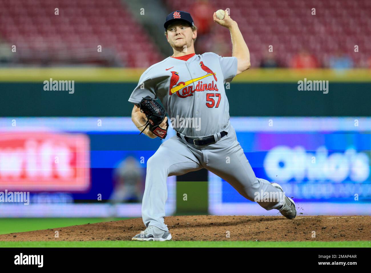 St. Louis Cardinals' Zack Thompson throws during a baseball game against the Cincinnati Reds in ...