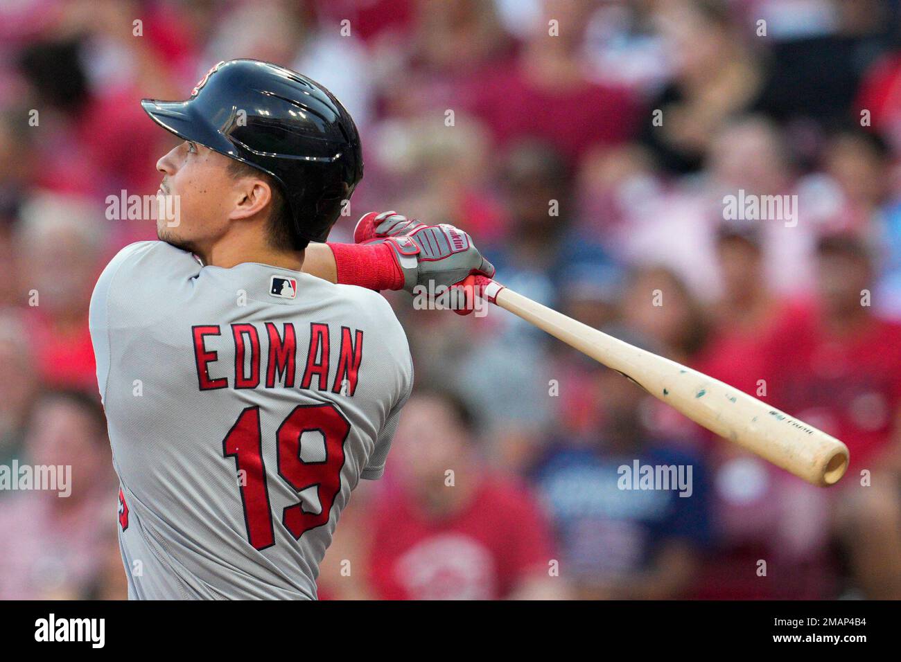 St. Louis Cardinals' Tommy Edman watches his solo home run during the third inning of the team's ...