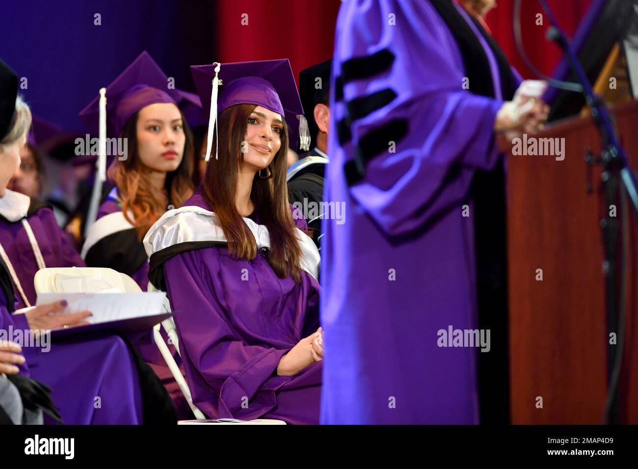 Model and author Emily Ratajkowski waits to deliver the commencement ...