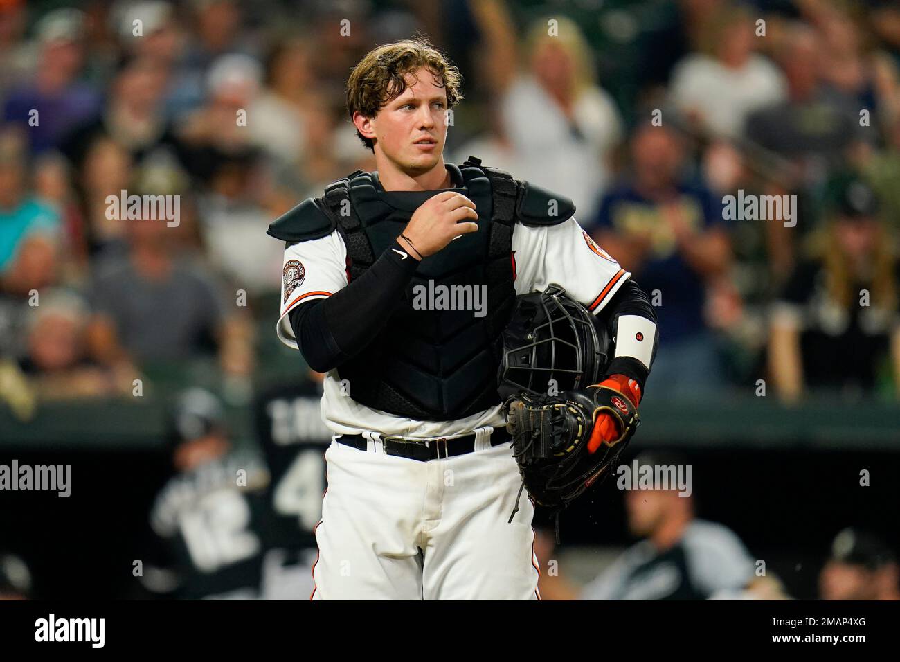 Baltimore Orioles catcher Adley Rutschman looks on during the seventh ...