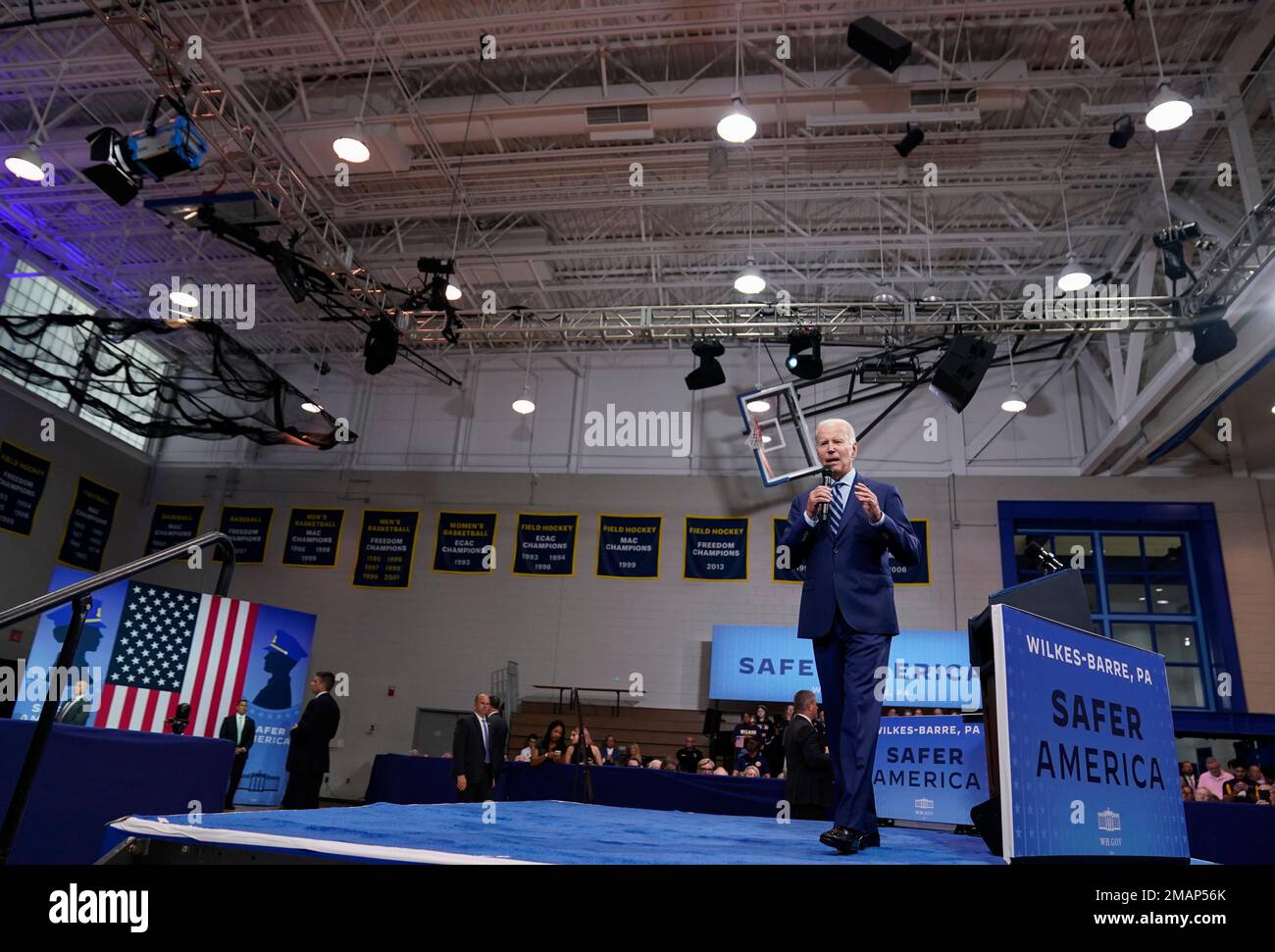 President Joe Biden speaks at the Arnaud C. Marts Center on the campus ...