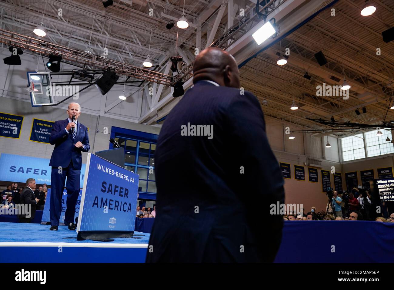 President Joe Biden speaks at the Arnaud C. Marts Center on the campus ...