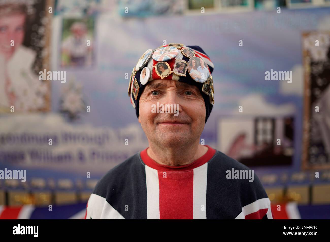 Royalty fan, John Laughrey, wears a hat with pins depicting Princess ...