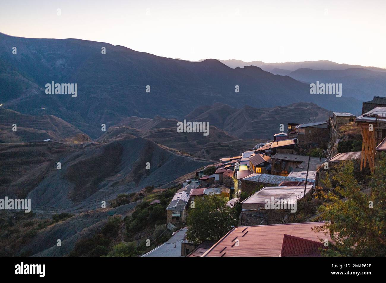 evening view of the mountain village of Chokh in Dagestan on the slope ...