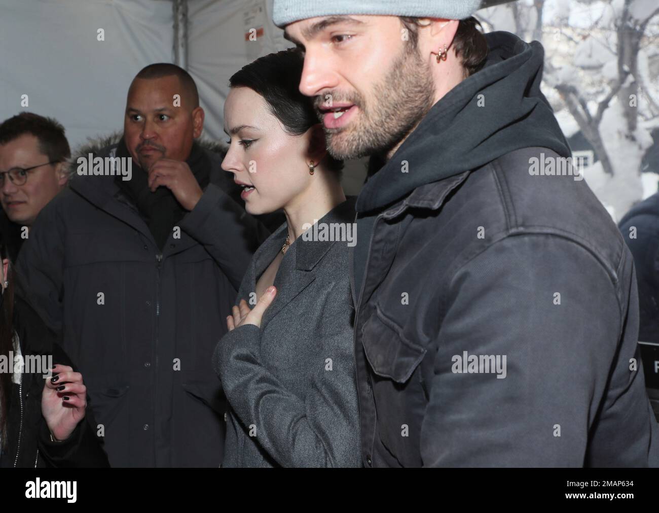 Actor and producer Daisy Ridley, left, and actor Tom Bateman, right ...