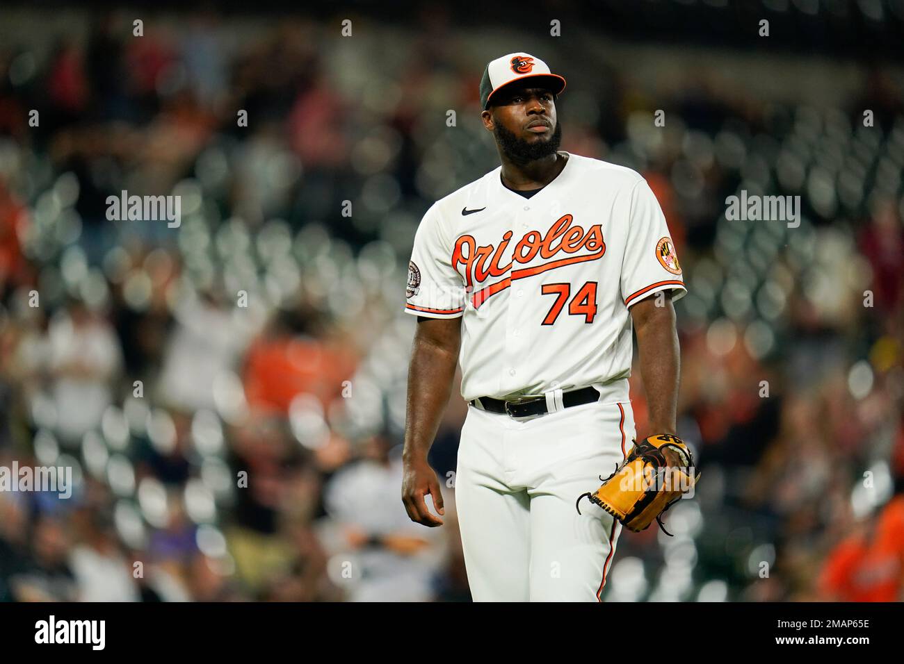 Baltimore Orioles relief pitcher Felix Bautista looks on during the ...