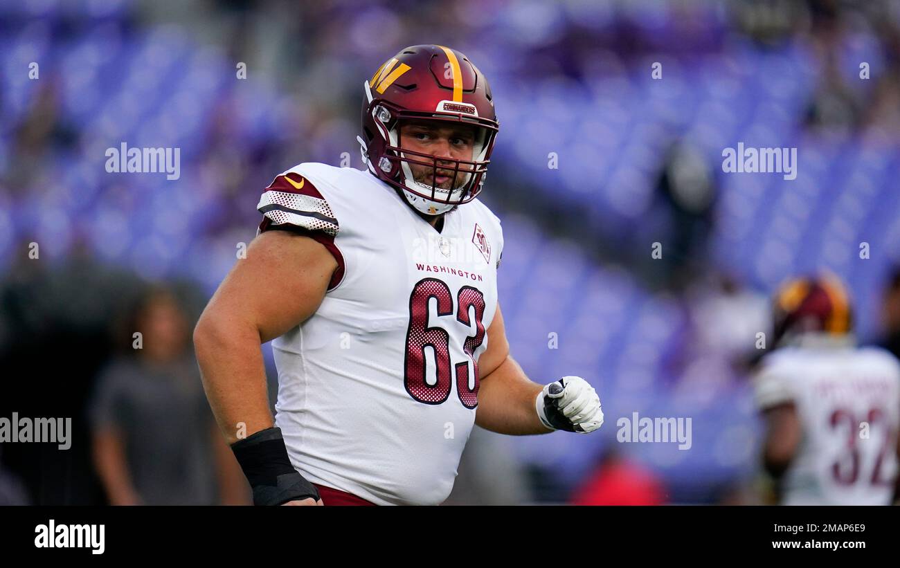Washington Commanders guard Wes Martin (63) works out before a ...