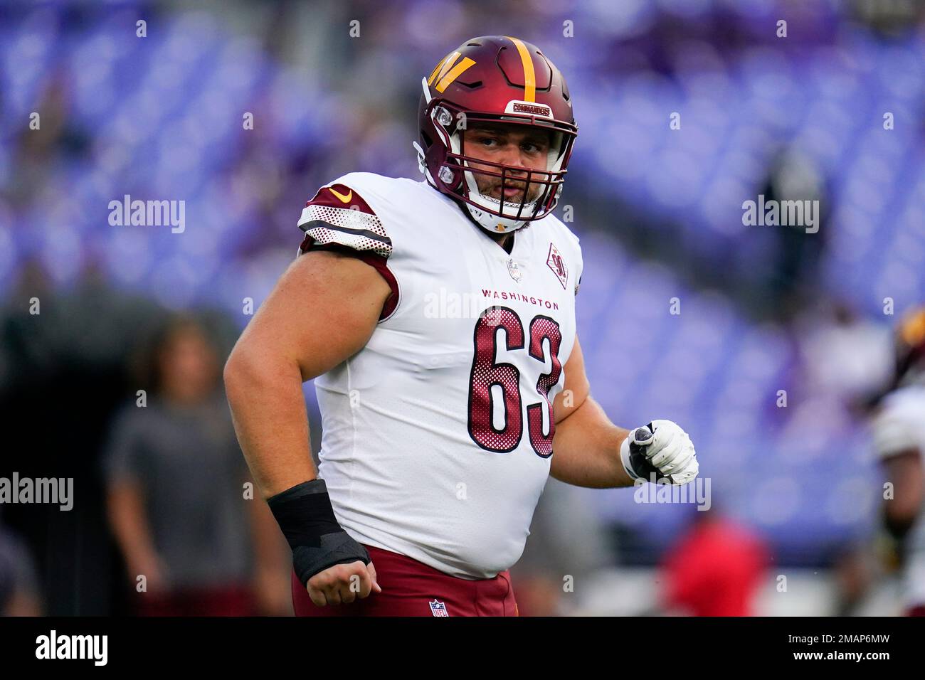Washington Commanders guard Wes Martin (63) works out before a ...